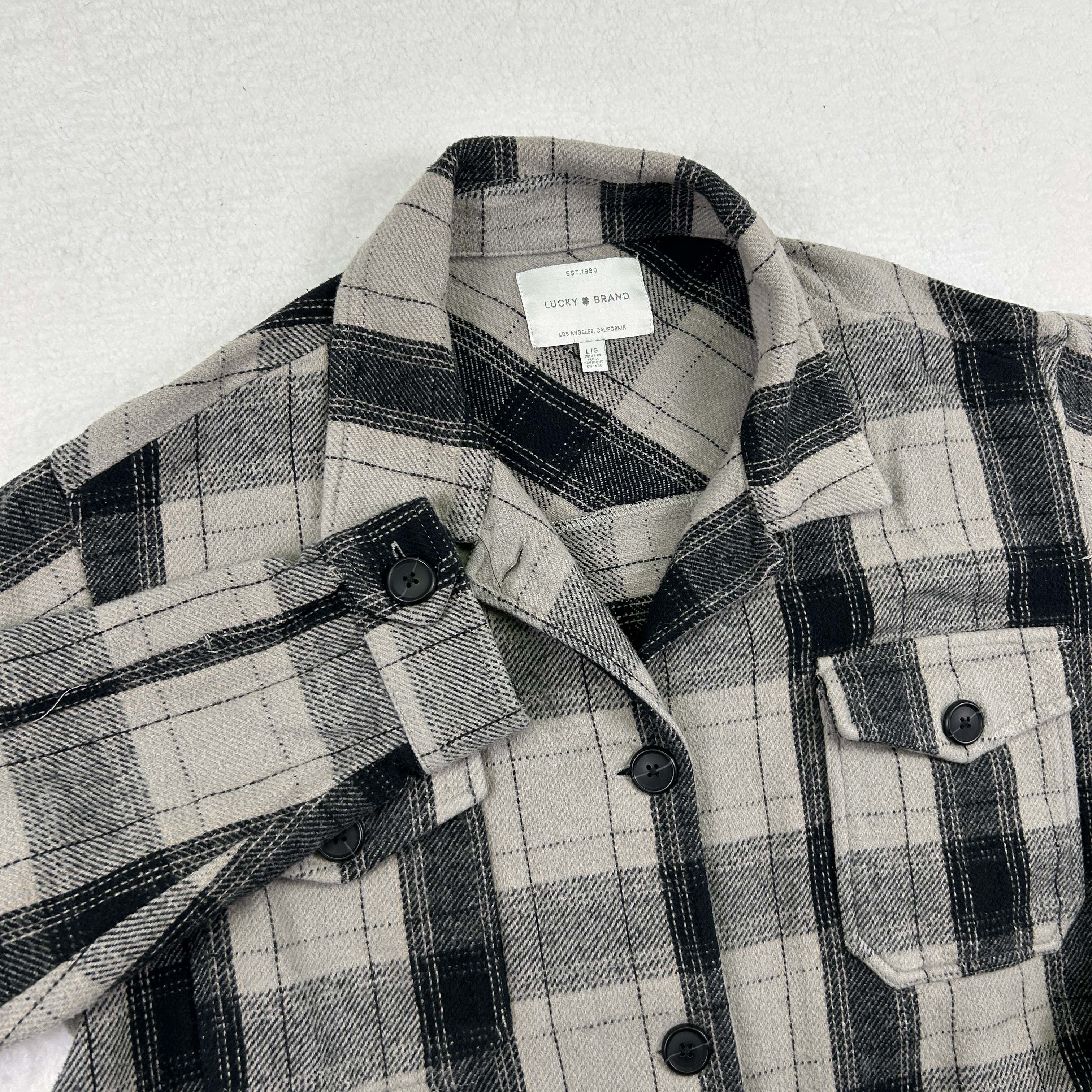 Lucky Brand Shacket Womens Large Plaid Flannel Button Up Jacket Gray ...