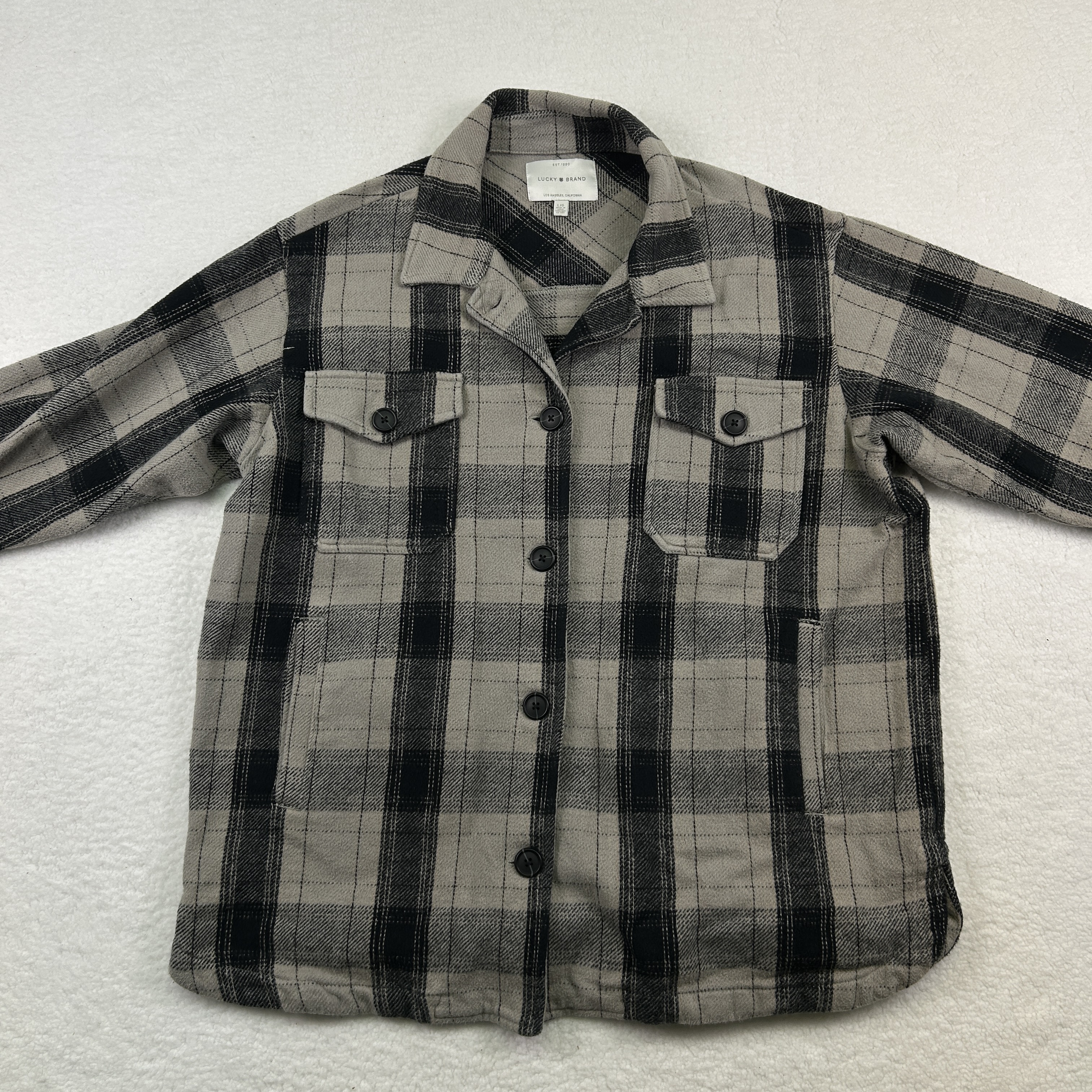 Lucky Brand Shacket Womens Large Plaid Flannel Button Up Jacket Gray ...